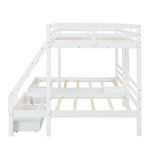 Triple Bunk Bed for Kids Teens,Can Be Separated Into 3 Full Over Twin & Twin Bunked Bedframe with Storage Drawer and Guardrails Wood for Living Room Bedroom,White