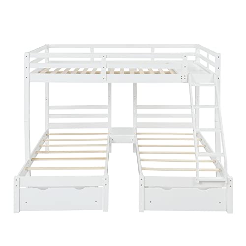 Triple Bunk Bed for Kids Teens,Can Be Separated Into 3 Full Over Twin & Twin Bunked Bedframe with Storage Drawer and Guardrails Wood for Living Room Bedroom,White