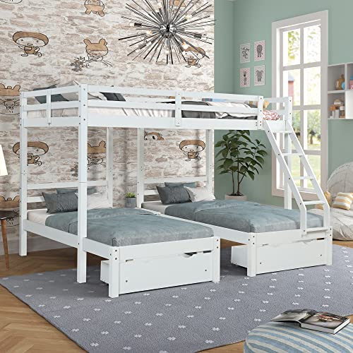 Triple Bunk Bed for Kids Teens,Can Be Separated Into 3 Full Over Twin & Twin Bunked Bedframe with Storage Drawer and Guardrails Wood for Living Room Bedroom,White