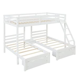 Triple Bunk Bed for Kids Teens,Can Be Separated Into 3 Full Over Twin & Twin Bunked Bedframe with Storage Drawer and Guardrails Wood for Living Room Bedroom,White