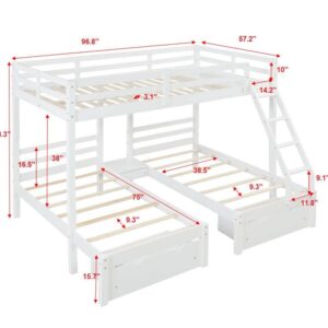 Triple Bunk Bed for Kids Teens,Can Be Separated Into 3 Full Over Twin & Twin Bunked Bedframe with Storage Drawer and Guardrails Wood for Living Room Bedroom,White