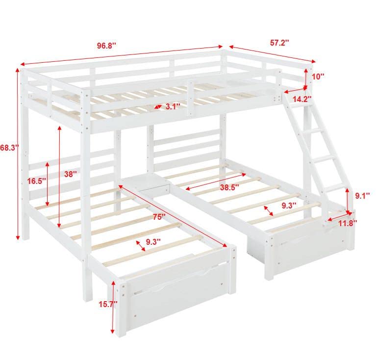 Triple Bunk Bed for Kids Teens,Can Be Separated Into 3 Full Over Twin & Twin Bunked Bedframe with Storage Drawer and Guardrails Wood for Living Room Bedroom,White