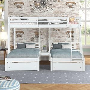 Triple Bunk Bed for Kids Teens,Can Be Separated Into 3 Full Over Twin & Twin Bunked Bedframe with Storage Drawer and Guardrails Wood for Living Room Bedroom,White