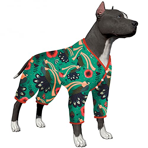 LovinPet XL Doggie Pajamas for Large Dogs - Pet Anxiety Relief Shirt, UV Protection Dog Clothes, Comfy Lightweight Fabric, Turquoise Peacock Prints,Large Dog Pjs, Pitbull Clothes,Green XL