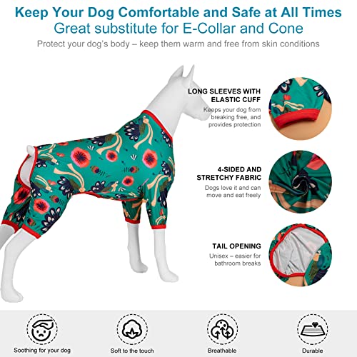 LovinPet XL Doggie Pajamas for Large Dogs - Pet Anxiety Relief Shirt, UV Protection Dog Clothes, Comfy Lightweight Fabric, Turquoise Peacock Prints,Large Dog Pjs, Pitbull Clothes,Green XL