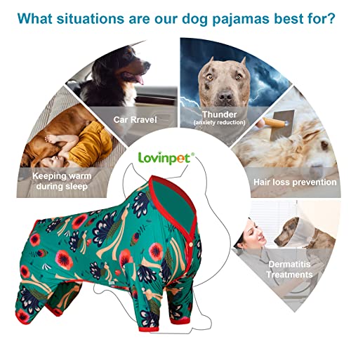 LovinPet XL Doggie Pajamas for Large Dogs - Pet Anxiety Relief Shirt, UV Protection Dog Clothes, Comfy Lightweight Fabric, Turquoise Peacock Prints,Large Dog Pjs, Pitbull Clothes,Green XL