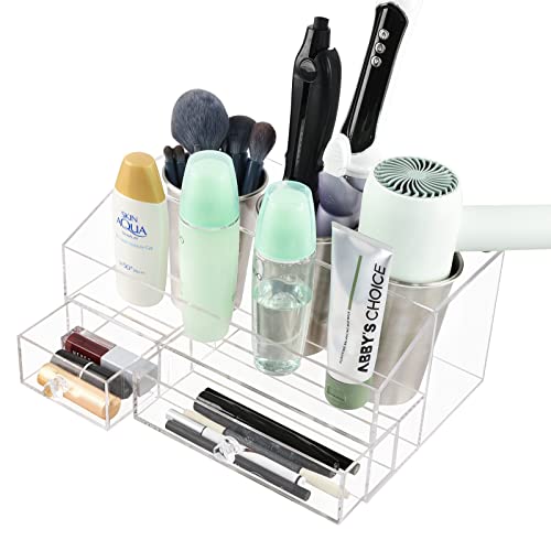 Hair Tool Organizer, Acrylic Hair Dryer Holder with 2 Drawers Hair Product Organizer for Bathroom Countertop Hair Styling Accessories & Hot Tool Organizer for Blow Dryer,Flat Irons, Curling Iron