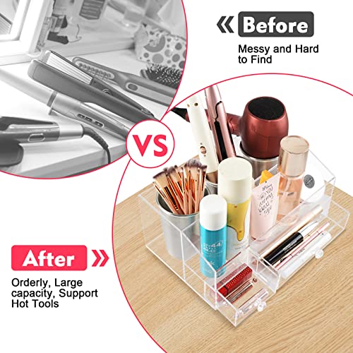 Hair Tool Organizer, Acrylic Hair Dryer Holder with 2 Drawers Hair Product Organizer for Bathroom Countertop Hair Styling Accessories & Hot Tool Organizer for Blow Dryer,Flat Irons, Curling Iron