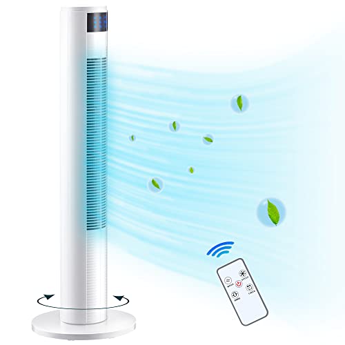 AKIRES 35” 70° White Oscillating Tower Fan 7H Timer,3 Speeds,3 Modes,Portable Electric Quiet Cooling Fan Standing Bladeless Floor Fans with Remote and LED Display for Office,Bedroom, Living Room