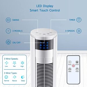 AKIRES 35” 70° White Oscillating Tower Fan 7H Timer,3 Speeds,3 Modes,Portable Electric Quiet Cooling Fan Standing Bladeless Floor Fans with Remote and LED Display for Office,Bedroom, Living Room