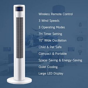 AKIRES 35” 70° White Oscillating Tower Fan 7H Timer,3 Speeds,3 Modes,Portable Electric Quiet Cooling Fan Standing Bladeless Floor Fans with Remote and LED Display for Office,Bedroom, Living Room