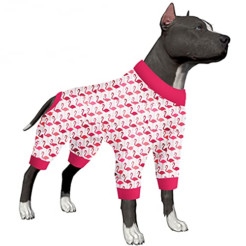 LovinPet Large Dog Pjs, Anxiety Calming Shirt, Dog Jammies for After Surgery, Flamingo Print, Large Dog Clothes, 4 Leg Style Pullover Dog Onesie for Dog,Red M