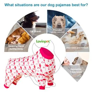 LovinPet Large Dog Pjs, Anxiety Calming Shirt, Dog Jammies for After Surgery, Flamingo Print, Large Dog Clothes, 4 Leg Style Pullover Dog Onesie for Dog,Red M