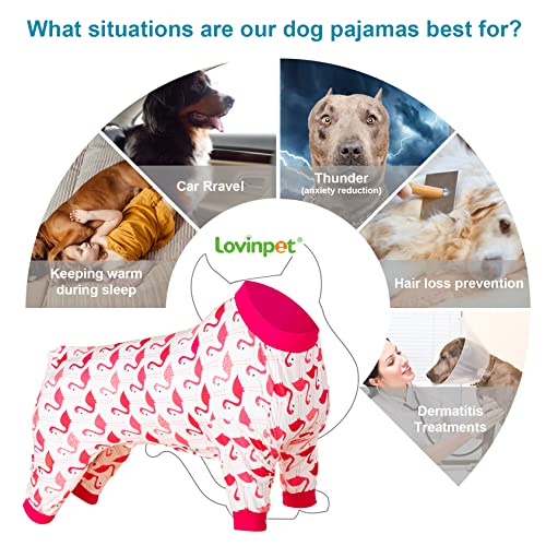 LovinPet Large Dog Pjs, Anxiety Calming Shirt, Dog Jammies for After Surgery, Flamingo Print, Large Dog Clothes, 4 Leg Style Pullover Dog Onesie for Dog,Red M