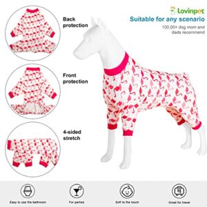 LovinPet Large Dog Pjs, Anxiety Calming Shirt, Dog Jammies for After Surgery, Flamingo Print, Large Dog Clothes, 4 Leg Style Pullover Dog Onesie for Dog,Red M