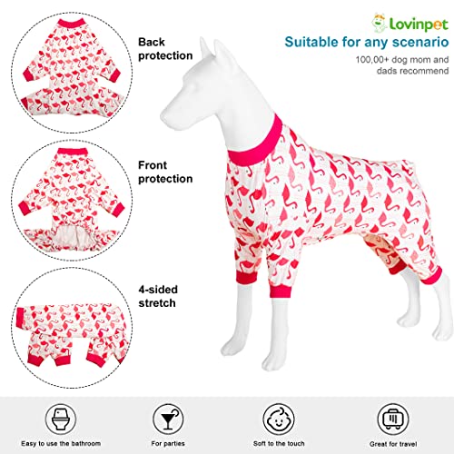 LovinPet Large Dog Pjs, Anxiety Calming Shirt, Dog Jammies for After Surgery, Flamingo Print, Large Dog Clothes, 4 Leg Style Pullover Dog Onesie for Dog,Red M