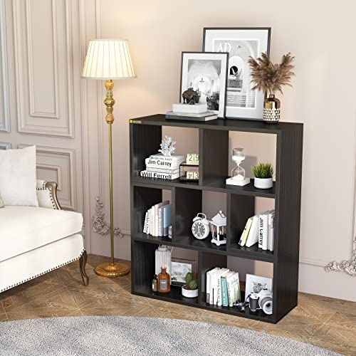 MIN WIN 7 Cube Storage Organizer,3 Tier Wood Bookshelf Free Combination Cubby Bookcase Open Standing Book Shelf Cabinet Display Cube Shelves TV Console Stand for Study Living Room,Black