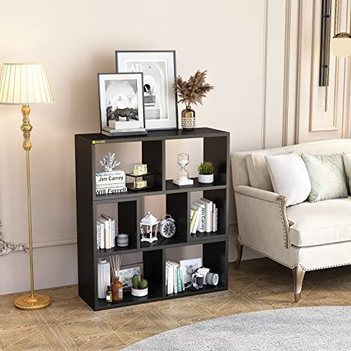 MIN WIN 7 Cube Storage Organizer,3 Tier Wood Bookshelf Free Combination Cubby Bookcase Open Standing Book Shelf Cabinet Display Cube Shelves TV Console Stand for Study Living Room,Black