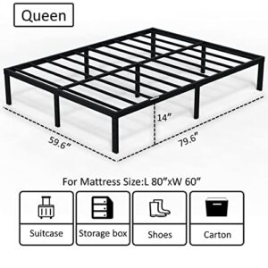 EMODA Queen Bed Frame No Box Spring Needed 14 Inch Heavy Duty Metal Platform BedFrame Queen Size with Steel Slats, Easy Assembly, Black