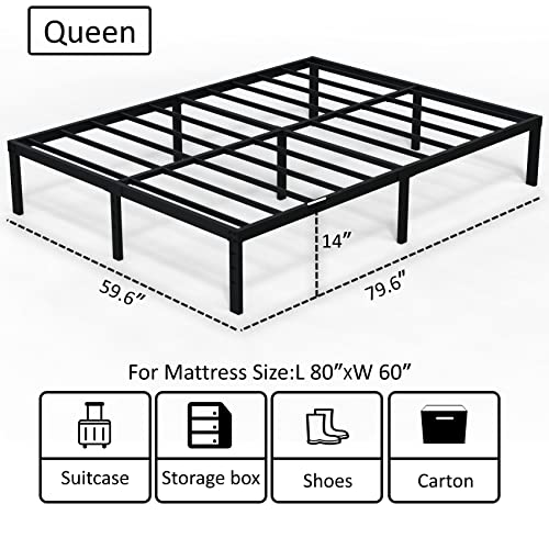 EMODA Queen Bed Frame No Box Spring Needed 14 Inch Heavy Duty Metal Platform BedFrame Queen Size with Steel Slats, Easy Assembly, Black