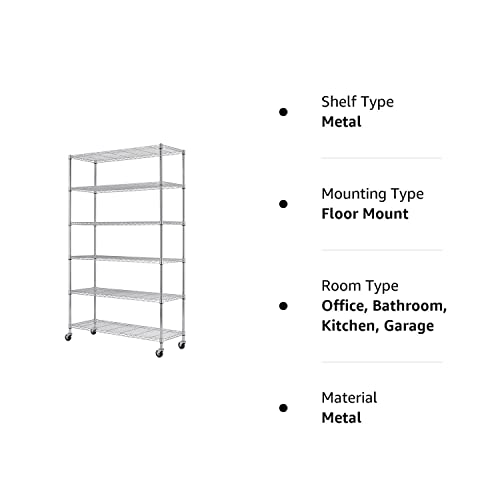 FDW 18x48x82 inch Wire Shelving Unit with Wheels Steel 6 Tier Heavy Duty Layer Rack Storage Metal Shelf Garage Organizer Wire Rack Shelving Adjustable Utility 2100 LBS Capacity,Chrome