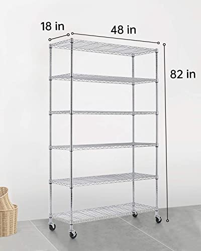 FDW 18x48x82 inch Wire Shelving Unit with Wheels Steel 6 Tier Heavy Duty Layer Rack Storage Metal Shelf Garage Organizer Wire Rack Shelving Adjustable Utility 2100 LBS Capacity,Chrome