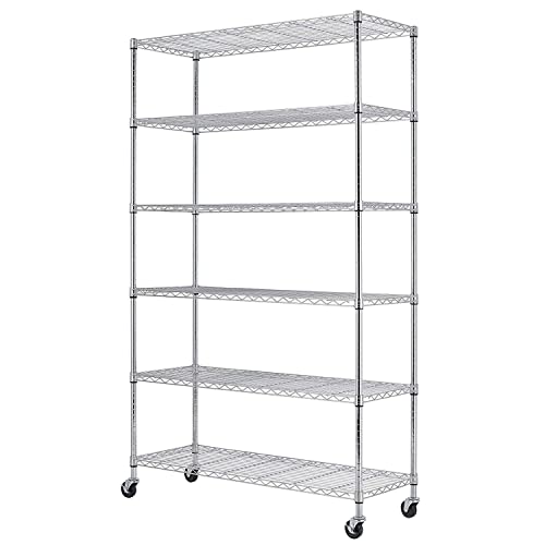 FDW 18x48x82 inch Wire Shelving Unit with Wheels Steel 6 Tier Heavy Duty Layer Rack Storage Metal Shelf Garage Organizer Wire Rack Shelving Adjustable Utility 2100 LBS Capacity,Chrome