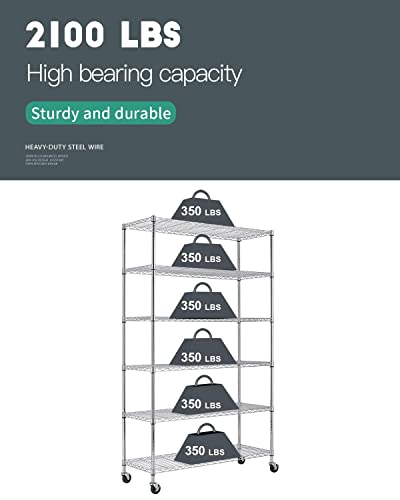 FDW 18x48x82 inch Wire Shelving Unit with Wheels Steel 6 Tier Heavy Duty Layer Rack Storage Metal Shelf Garage Organizer Wire Rack Shelving Adjustable Utility 2100 LBS Capacity,Chrome