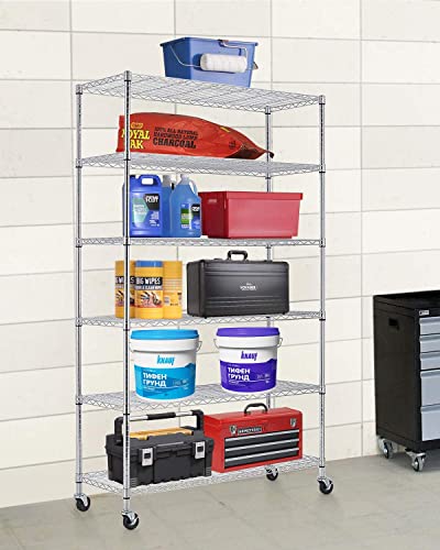 FDW 18x48x82 inch Wire Shelving Unit with Wheels Steel 6 Tier Heavy Duty Layer Rack Storage Metal Shelf Garage Organizer Wire Rack Shelving Adjustable Utility 2100 LBS Capacity,Chrome