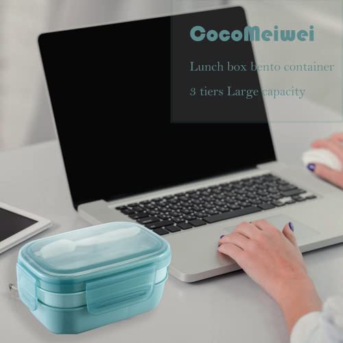 CocoMeiwei Bento Box Adult Lunch Box, Bento Lunch Box with 5 Silicone Cupcake Liners, Leak-proof Bento Lunch Box Containers 3 Tiers 50oz, 6compartments Large Capacity for Working Blue