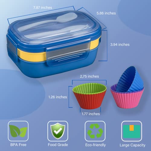 CocoMeiwei Bento Box Adult Lunch Box, Bento Lunch Box with 5 Silicone Cupcake Liners, Leak-proof Bento Lunch Box Containers 3 Tiers 50oz, 6compartments Large Capacity for Working Blue