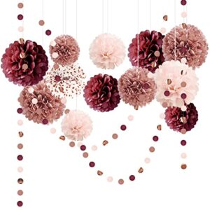 nicrolandee 15pcs rose gold burgundy tissue pom poms circle dots polka dot kit for wedding, bachelorette, engagement, bridal shower, burgundy birthday decorations