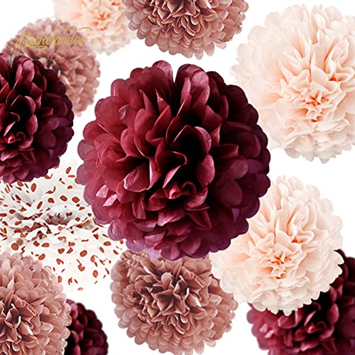 NICROLANDEE 15Pcs Rose Gold Burgundy Tissue Pom Poms Circle Dots Polka Dot Kit for Wedding, Bachelorette, Engagement, Bridal Shower, Burgundy Birthday Decorations