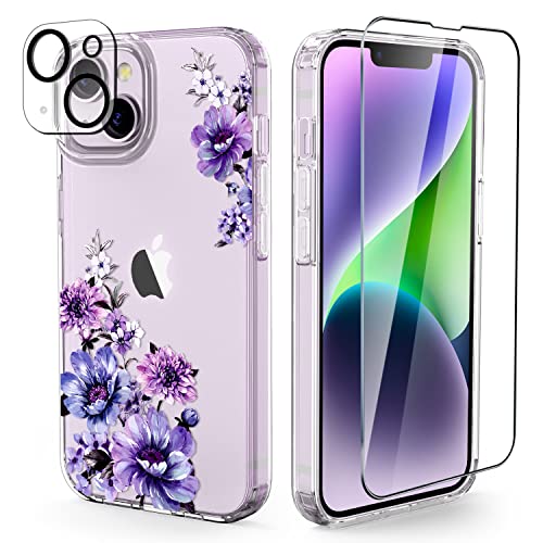 OKP Clear Flower Case for iPhone 14, with Screen Protector & Camera Lens Protector, Slim Shockproof Cute Floral Pattern Apple Phone 6.1 inch Protective Case for Women Girls 2022 Release, Purple Floral