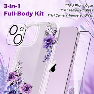 OKP Clear Flower Case for iPhone 14, with Screen Protector & Camera Lens Protector, Slim Shockproof Cute Floral Pattern Apple Phone 6.1 inch Protective Case for Women Girls 2022 Release, Purple Floral