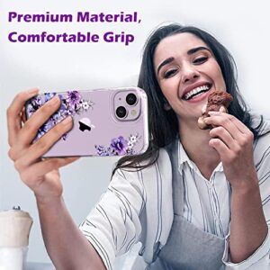 OKP Clear Flower Case for iPhone 14, with Screen Protector & Camera Lens Protector, Slim Shockproof Cute Floral Pattern Apple Phone 6.1 inch Protective Case for Women Girls 2022 Release, Purple Floral