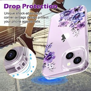 OKP Clear Flower Case for iPhone 14, with Screen Protector & Camera Lens Protector, Slim Shockproof Cute Floral Pattern Apple Phone 6.1 inch Protective Case for Women Girls 2022 Release, Purple Floral