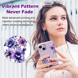 OKP Clear Flower Case for iPhone 14, with Screen Protector & Camera Lens Protector, Slim Shockproof Cute Floral Pattern Apple Phone 6.1 inch Protective Case for Women Girls 2022 Release, Purple Floral