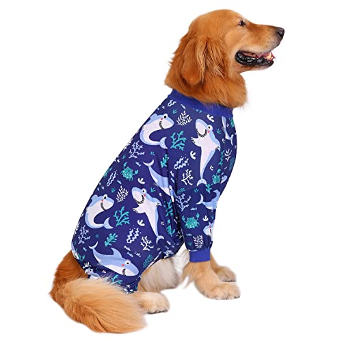 HDE Dog Pajamas One Piece Jumpsuit Lightweight Dog PJs Shirt for M-3XL Dogs Sharks - L