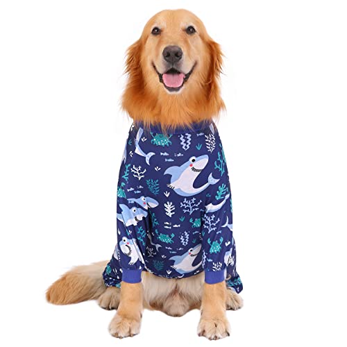 HDE Dog Pajamas One Piece Jumpsuit Lightweight Dog PJs Shirt for M-3XL Dogs Sharks - L