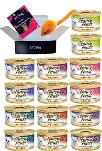 fancy feast grilled wet canned food bundle, variety pack: 07 flavors(02each) pack of 14 cans.plus mouse toy and booklet