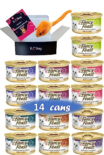 Fancy Feast Grilled Wet Canned Food Bundle, Variety Pack: 07 Flavors(02each) Pack of 14 cans.Plus Mouse Toy and Booklet