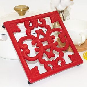 minluful vintage trivet for hot dishes, 7 inch square cast iron trivet for hot pots & pans for kitchen countertop heat resistant metal trivet mat pad, red