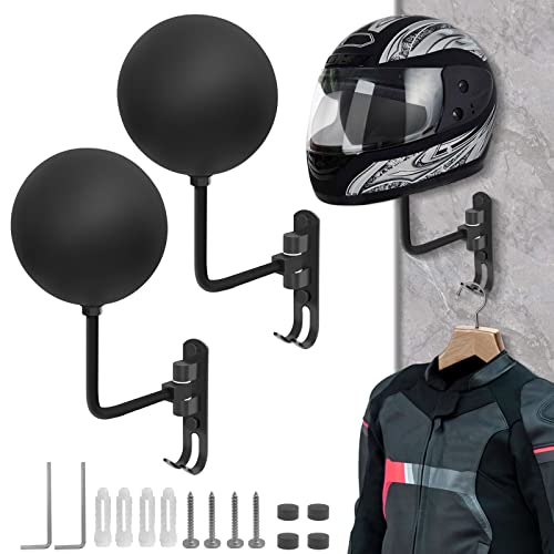 Motorcycle Helmet Rack, Helmet Holder Wall Mount 180° Rotation Hanger with 2 Hook for Coats, Caps, Motorcycle Accessories (Black, 2 PCS)