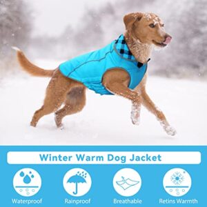 ALAGIRLS Classic Plaid Reversible Dog Winter Coat, Reflective Windproof Dog Vest Clothes, Warm Cotton Lined Pet Snow Jacket Pet Apparel for Cold Weather, Blue L