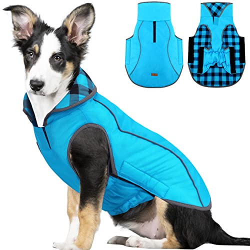 ALAGIRLS Classic Plaid Reversible Dog Winter Coat, Reflective Windproof Dog Vest Clothes, Warm Cotton Lined Pet Snow Jacket Pet Apparel for Cold Weather, Blue L