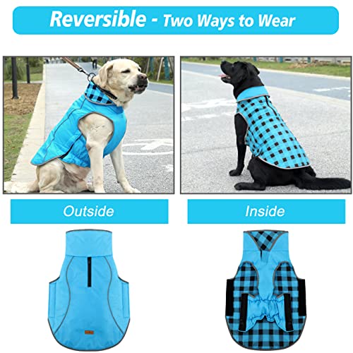 ALAGIRLS Classic Plaid Reversible Dog Winter Coat, Reflective Windproof Dog Vest Clothes, Warm Cotton Lined Pet Snow Jacket Pet Apparel for Cold Weather, Blue L