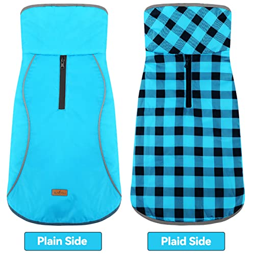 ALAGIRLS Classic Plaid Reversible Dog Winter Coat, Reflective Windproof Dog Vest Clothes, Warm Cotton Lined Pet Snow Jacket Pet Apparel for Cold Weather, Blue L