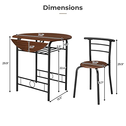 VINGLI 31.5" Drop Leaf Dining Table Set for Small Space,Small Kitchen Table Set for 2,Round Folding Table with 2 Chairs for Home,Kitchen,Apartment,Black&Brown