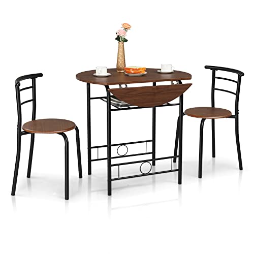 VINGLI 31.5" Drop Leaf Dining Table Set for Small Space,Small Kitchen Table Set for 2,Round Folding Table with 2 Chairs for Home,Kitchen,Apartment,Black&Brown